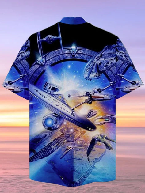 Blue Sci-Fi Space Station And Spaceships Printing Cuban Collar Hawaiian Short Sleeve Shirt ...