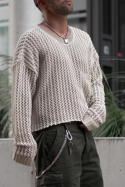 MEN'S VINTAGE CREWNECK CUT-OUT CHEST STRAP KNITTED SWEATER – WildernessMans