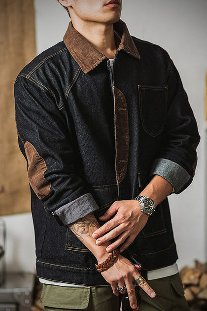 Denim workwear retro tough hunting jacket washed denim tough guy jacket ...