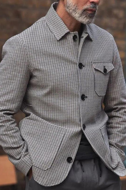 MEN'S VINTAGE CHECKED LAPEL MULTI-POCKET SINGLE BREASTED JACKET ...