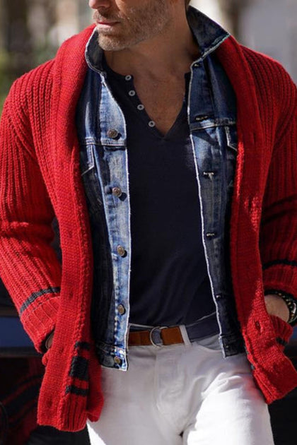 MEN'S VINTAGE COLOR BLOCK STRIPED LAPEL SINGLE-BREASTED KNIT CARDIGAN ...