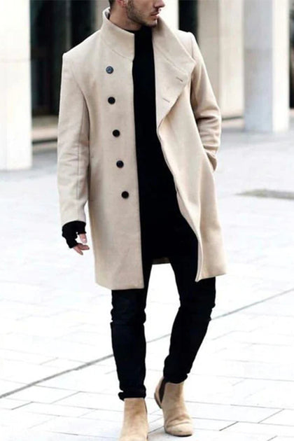 MEN'S STAND COLLAR SINGLE-BREASTED SIDE PLACKET MID-LENGTH COAT ...